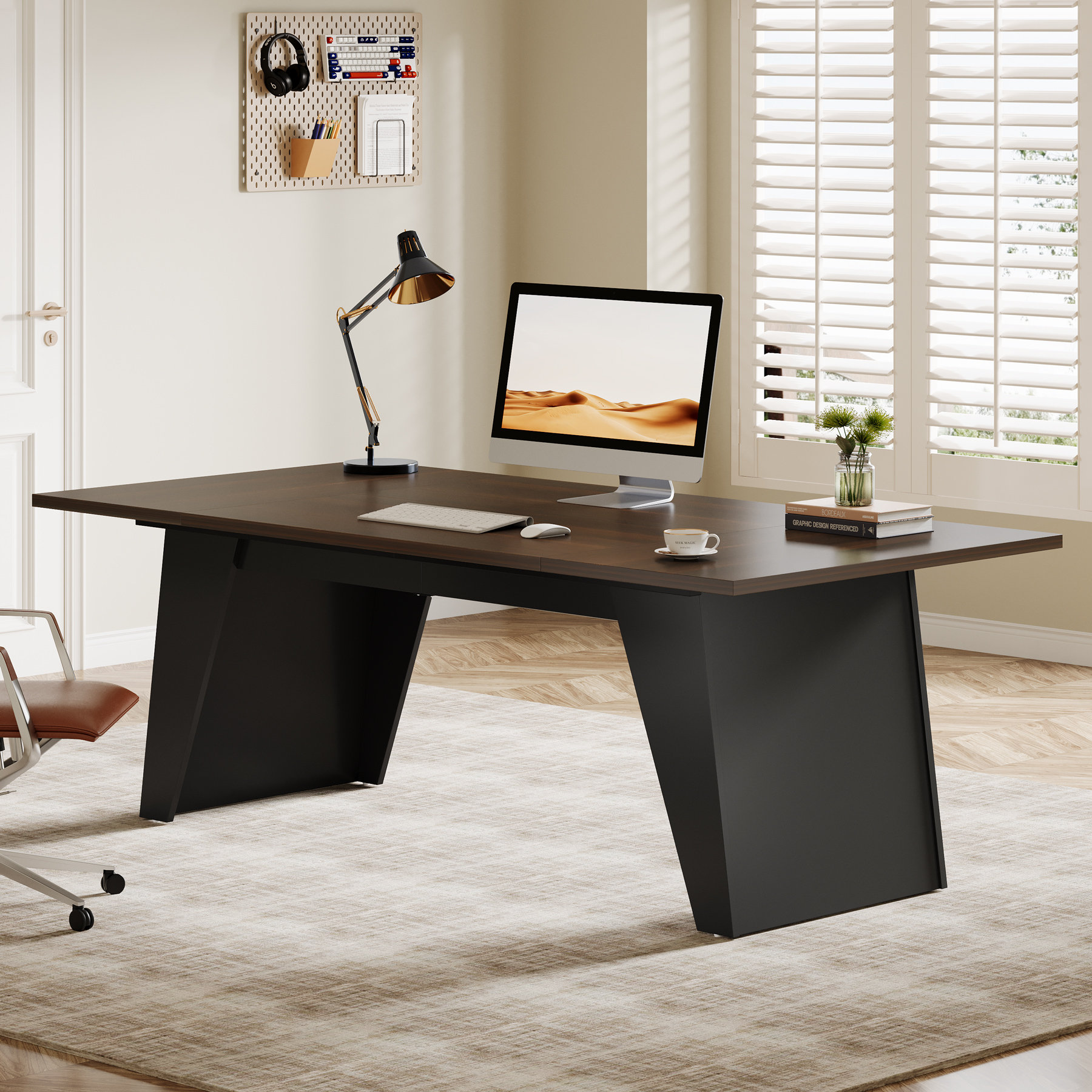 Latitude Run® 70.87" W Executive Desk, Large Computer Desk With Trumpet-shaped Pedestal, Modern ...
